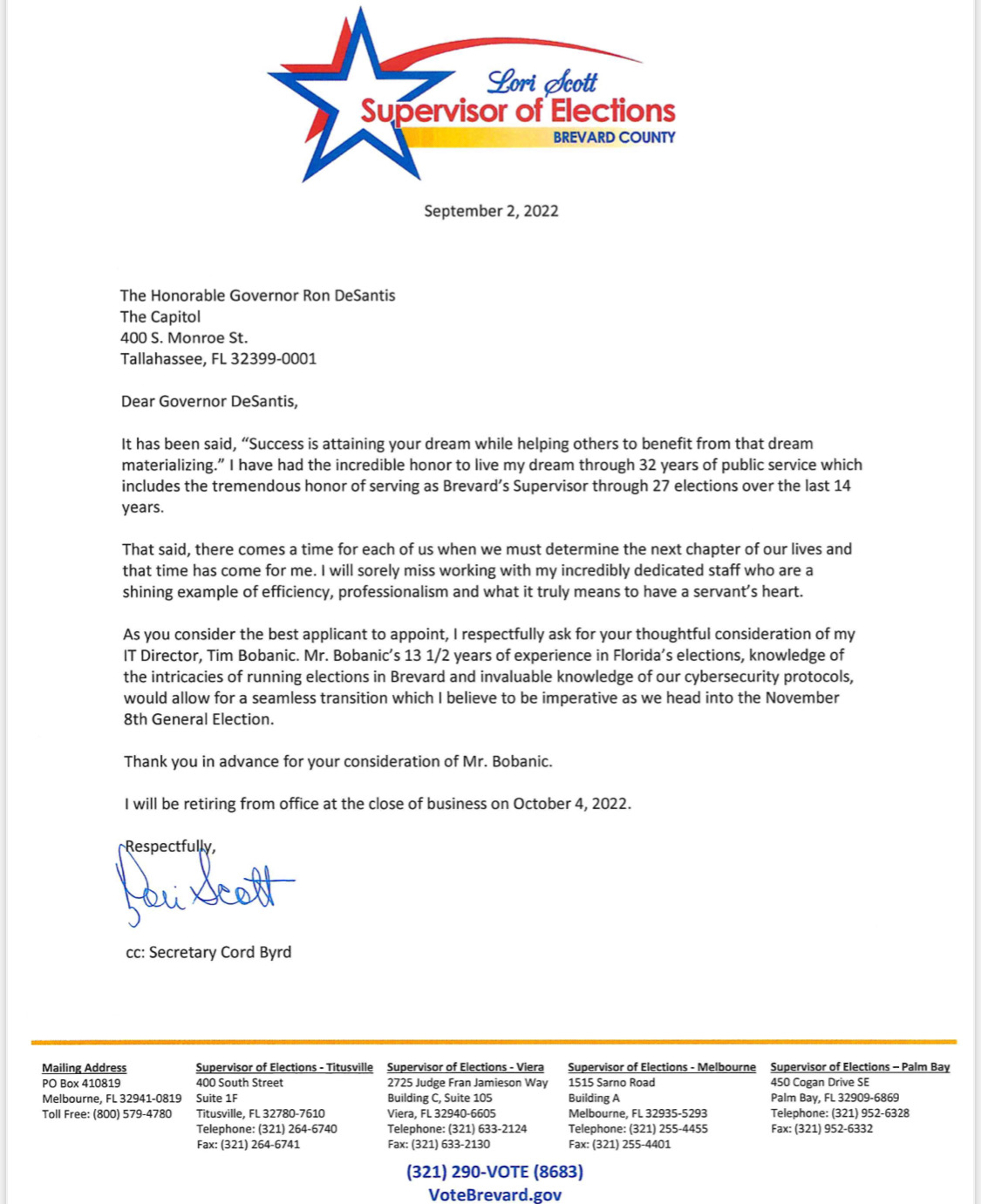 Brevard County Supervisor of Elections Announces her retirement ...