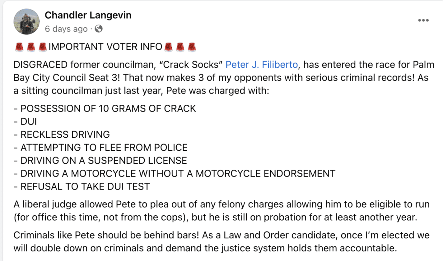 Palm Bay Candidate History of DUI/Theft, Separated from BCSO after 2 ...